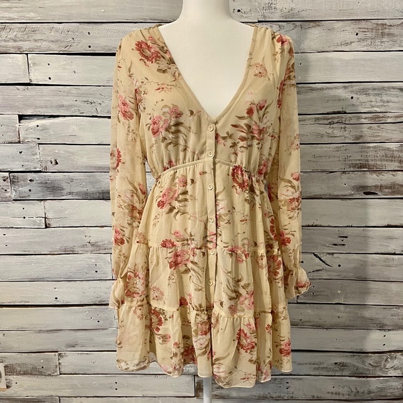 Aakaa | Dresses | Nwt Aakaa Floral Long Sleeve Button Down Boho Mini ...